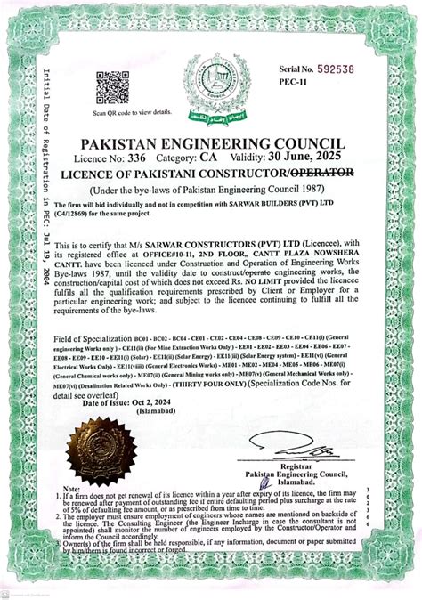 Certification Sarwar Constructors