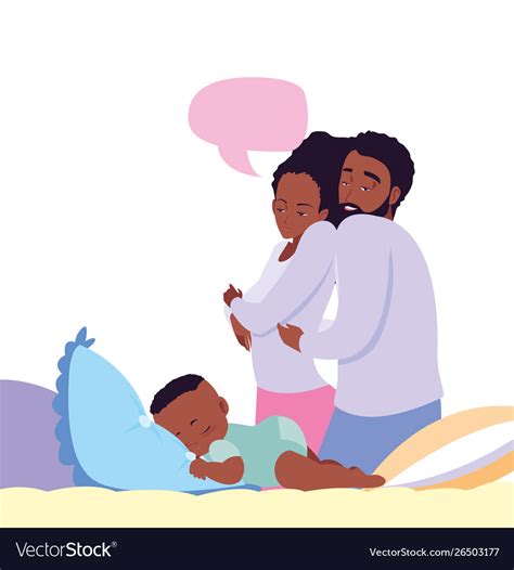 Mom And Dad Taking Care Baby In Bed Royalty Free Vector