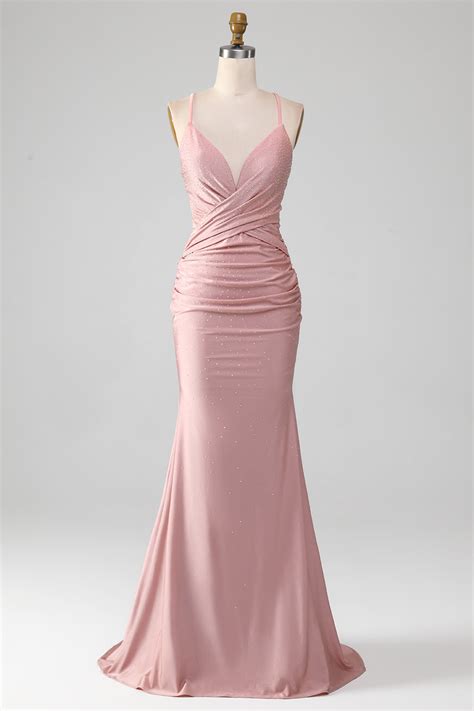 Zapakasa Women Sparkly Blush Beaded Long Mermaid Prom Dress Spaghetti