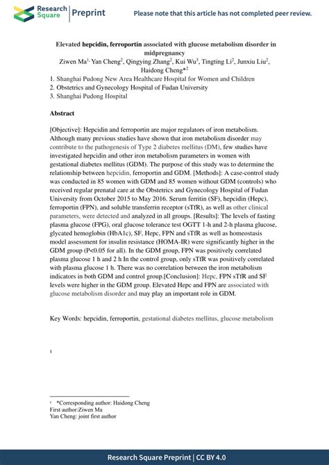 Pdf Elevated Hepcidin Ferroportin Associated With Glucose Metabolism