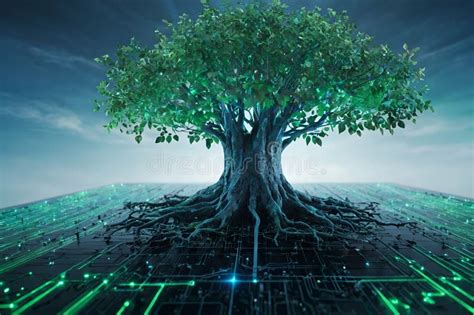 Tree With Soil Growing On The Converging Point Of Computer Circuit