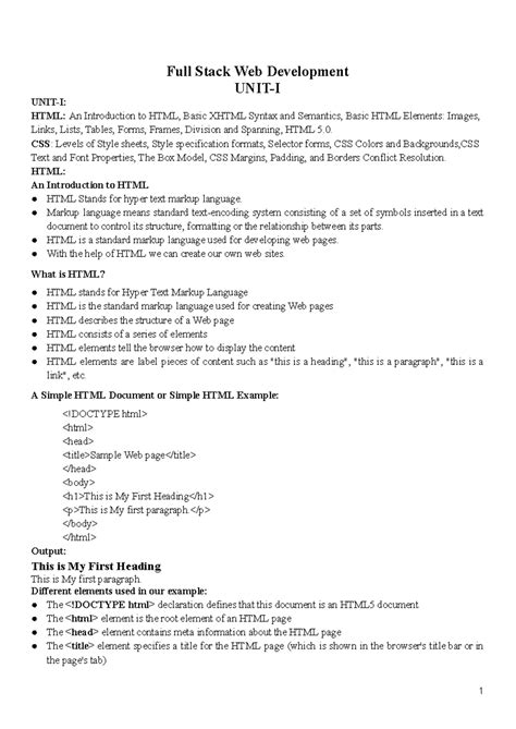 Fswd Unit I Good Notes Full Stack Web Development Unit I Unit I