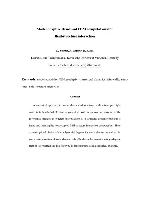 Pdf Model Adaptive Structural Fem Computations For Fluid Structure Interaction