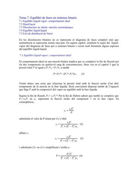 Tema 7 Equilibri De Fases En Sistemes Binaris Facultat De QuÃ­mica