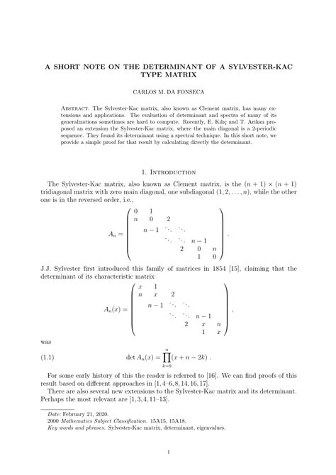 Pdf A Short Note On The Determinant Of A Sylvesterkac Type Matrix