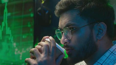 Close Up Face Indian Arabian Man Holding Cup Drinking Coffee Male Thoughtful Guy Programmer