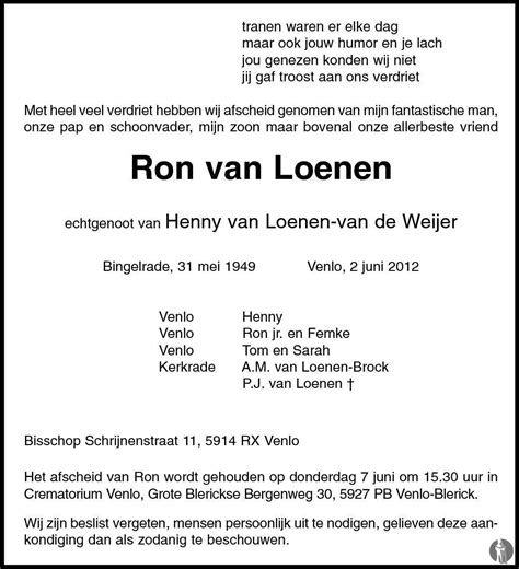 Ron Van Loenen 02 06 2012 Overlijdensbericht En Condoleances