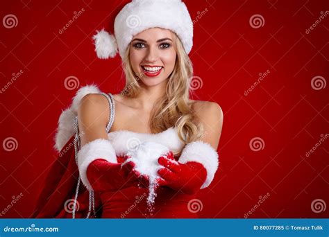 Portrait Of Beautiful Girl Wearing Santa Claus Clothes Stock Image