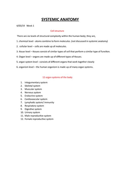 Systemic Anatomy Notes Systemic Anatomy 40319 Week 1 Cell Structure There Are Six Levels Of
