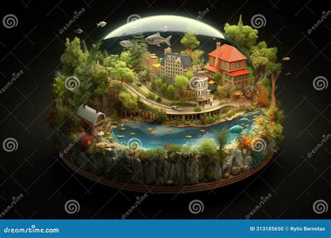 Three Dimensional Illustration Of Small Ecosystem World Stock