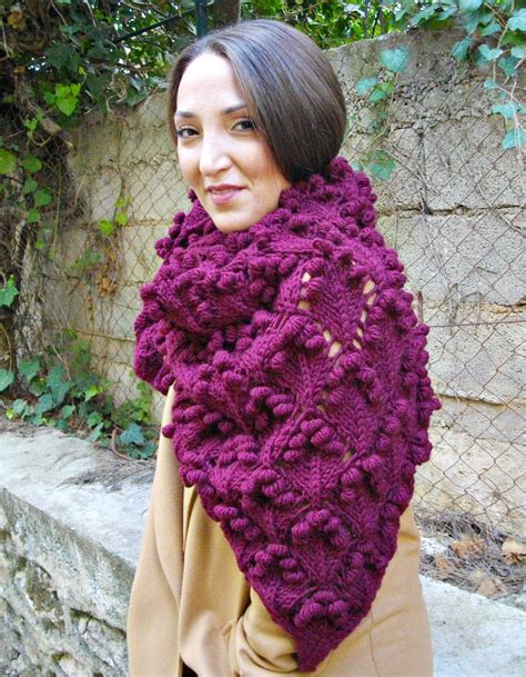 Triangular Shawl Textured Burgundyhandknit Shawlchunky Shawl