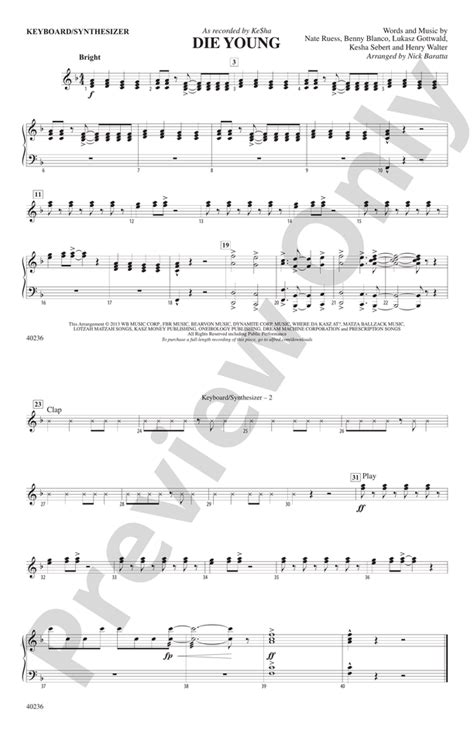 Die Young Keyboard Synthesizer Keyboard Synthesizer Part Digital Sheet Music Download