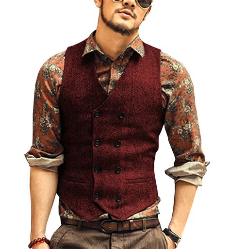 Burgundy Mens Double Breasted Vest Slim Fit Woolentweed Suit Vest