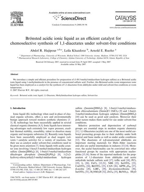 PDF Brönsted acidic ionic liquid as an efficient catalyst for