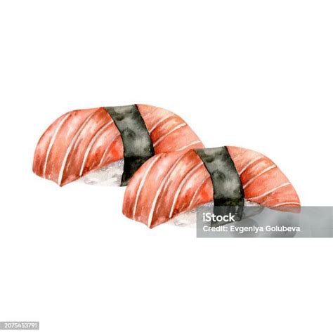 수채화 일본 초밥입니다 신선한 연어를 얹은 전통 아시아 사시미 레스토랑 바 카페 메뉴 디자인을 위한 해산물 일러스트레이션 0명에