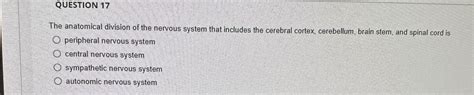 Solved Question The Anatomical Division Of The Nervous Chegg