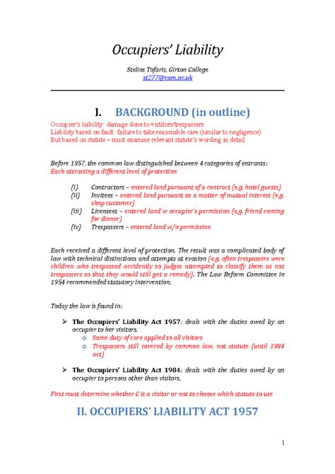 Occupiers Liability Handout Tofaris Occupiers Liability Stelios