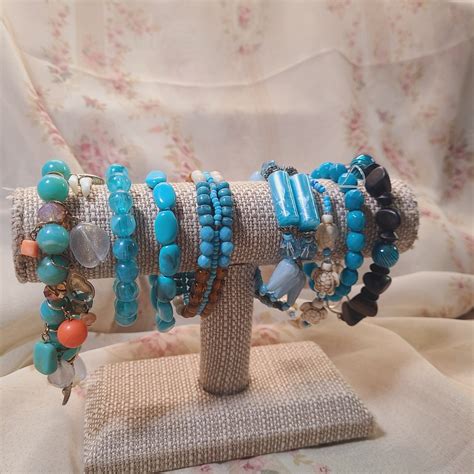 Bright Beaded Bracelet Craft Lot Blue Glass Plastic Beads Repurpose