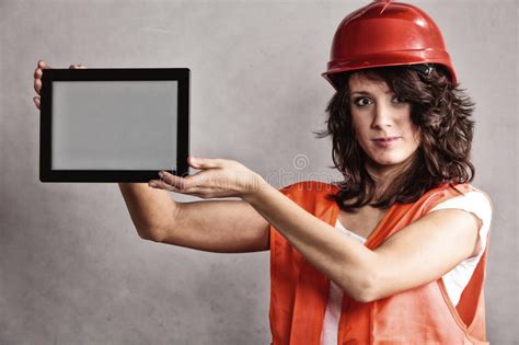 Girl In Safety Helmet Showing Tablet Stock Image Image Of Girl Helmet 90171947