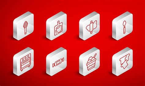 세트 라인 빵 토스트 도마 반죽에 롤링 핀 숟가락 아이스크림 그릇 꿀 디퍼 스틱 사탕 및 오븐 아이콘 벡터 3차원 형태에 대한 스톡 벡터 아트 및 기타 이미지 Istock