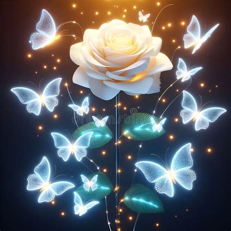 Led Lights In Butterflies And White Rose With Stem Stock Illustration