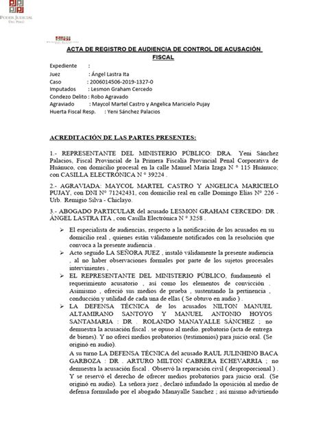 Acta De Registro De Audiencia De Control De Acusación Fiscal Pdf