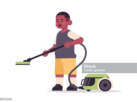 진공 청소기 청소 어린 시절 개념 전체 길이 수평을 사용하여 작은 아프리카 계 미국인 소년 가공의 인물에 대한 스톡 벡터 아트 및 기타 이미지 가공의 인물 가사 집안일