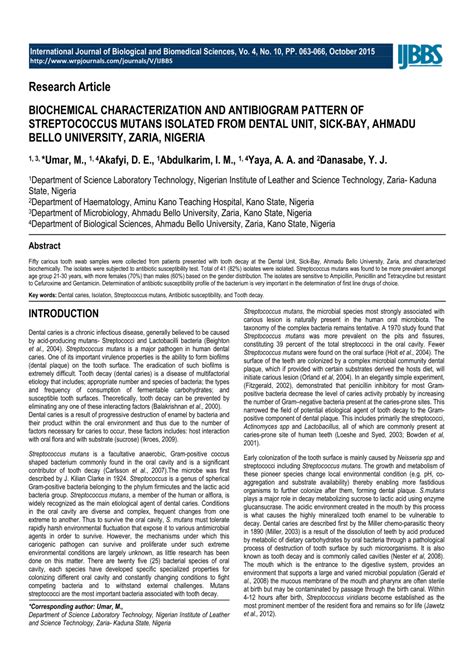 Pdf Biochemical Characterization And Antibiogram Pattern Of Streptococcus Mutans Isolated From