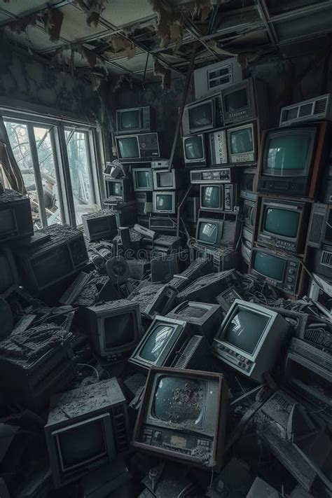 Dump Of Old Broken Obsolete Computer With Displays Or Tv Pile Of Junk