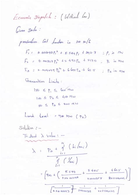 Power Systems Engineering Economic Dispatch Hand Calculation Withou