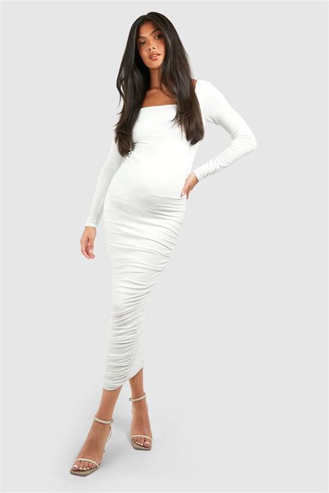 Maternity Square Neck Ruched Midi Dress Boohoo Uk