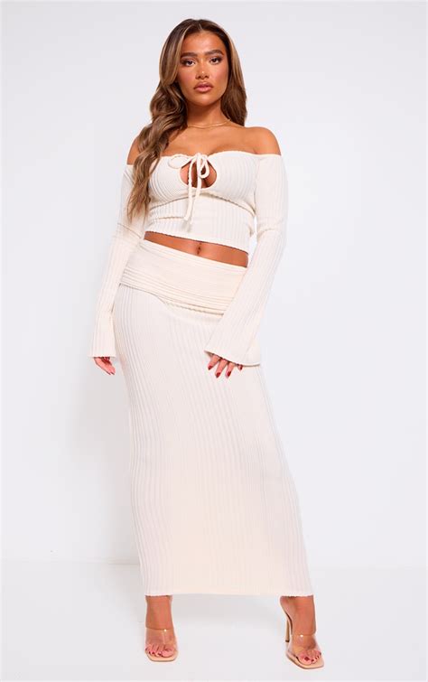 Cream Rib Tie Front Bardot Long Sleeve Long Top Co Ords