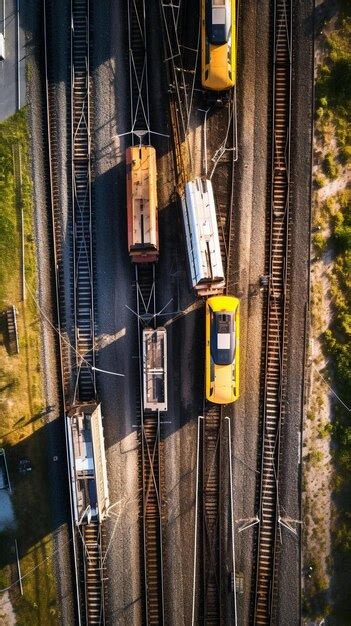 Premium AI Image Aerial View Directly Above High Speed Passenger Trains Heading Towards A
