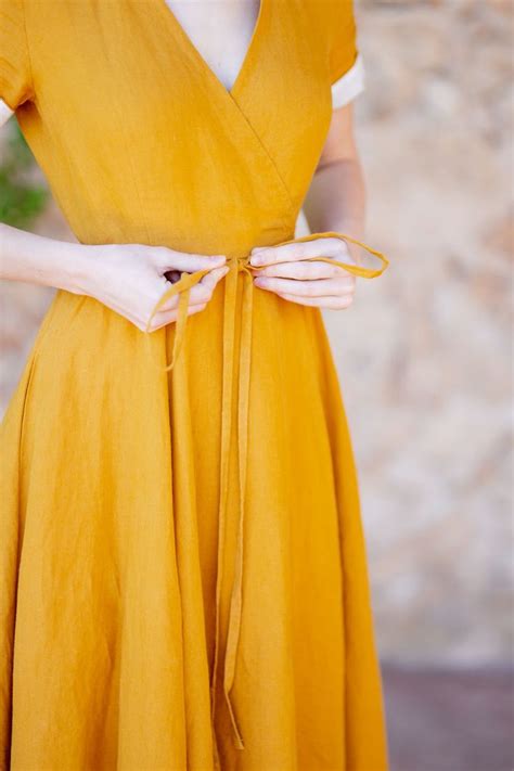 Yellow Wrap Dress Womens Summer Dresses Linen Clothing Wedding Guest