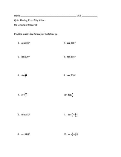 Finding Exact Trig Values Quiz B With Answer Key Tpt