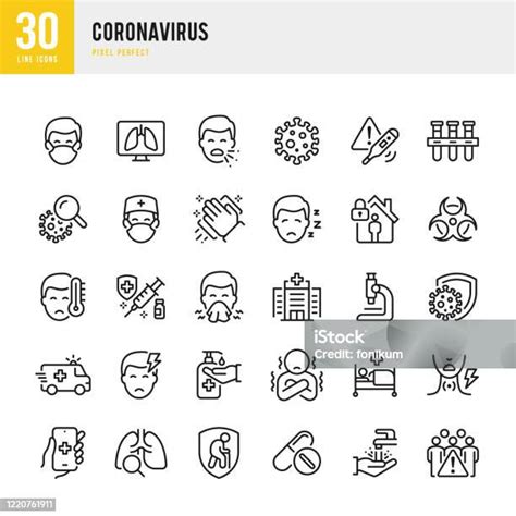 코로나바이러스 가는 선 벡터 아이콘 세트 픽셀 완벽 이 세트에는 코로나바이러스 재채기 기침 의사 발열 검역 감기 및 독감 얼굴 마스크 예방 접종 등의 아이콘이 포함되어