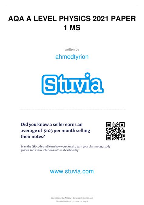 AQA A LEVEL PHYSICS PAPER MARKING SCHEME PHYSICS Stuvia US