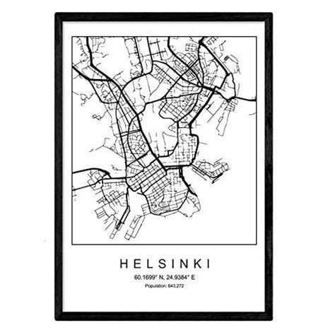 Lámina Mapa De La Ciudad Helsinki Nordico En Blanco Y Negro Poster A4