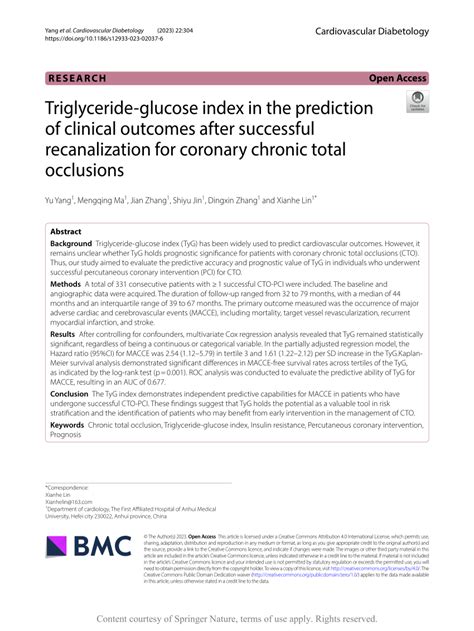 Pdf Triglyceride Glucose Index In The Prediction Of Clinical Outcomes