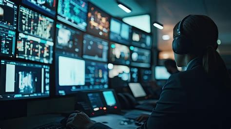 A Person Monitors Multiple Screens In A Control Room Analyzing Data And