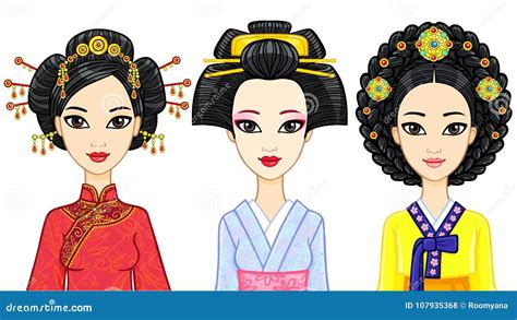 Beleza Asiática Grupo De Retratos Da Animação De Meninas Do Leste Na