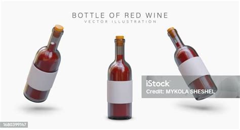 다양한 위치에 있는 사실적인 레드 와인 한 병 코르크 마개를 씌운 알코올 음료 3차원 형태에 대한 스톡 벡터 아트 및 기타