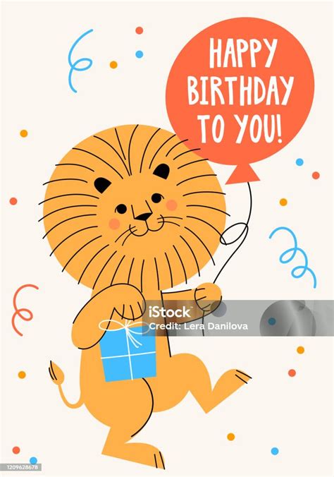 헬륨 풍선과 선물 상자 만화 귀여운 사자와 생일 인사말 카드 뱀과 색종이와 배경 사자에 대한 스톡 벡터 아트 및 기타 이미지