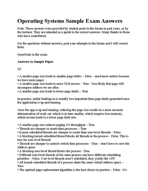 Operating Systems Sample Exam Answers They Are Intended As A Guide To The Correct Answers
