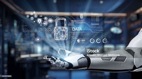 미래 지향적인 로봇 손은 밝은 파란색 톤으로 현대 기술 환경에서 디지털 보안 기호와 데이터 보호 개념을 제공합니다 오바나 가상현실에 대한 스톡 사진 및 기타 이미지 Istock