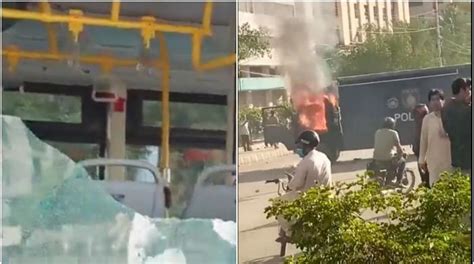 کراچی شارع فیصل پرپی ٹی آئی مظاہرین نے پولیس وین کو آگ لگا دی