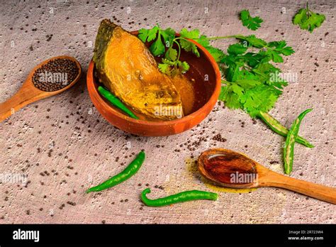 Traditional Bengali Cuisine Sorshe Ilish Bhapa With Copy Space Stock