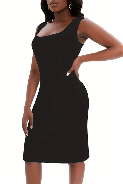 Solid Squared Neck Dress Casual Sleeveless Bodycon Summer Temu New