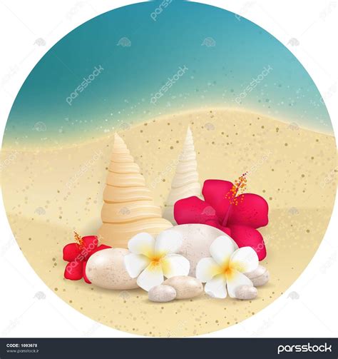 پس زمینه گرد ماسه و دریا با سنگ ریزه صدف و گل های استوایی 1093678