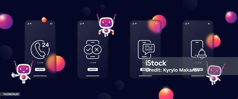 연락처 설정 아이콘 전화 송수화기 전화 체크 마크 통신 알람 대응 Sms 팩스 전화 개념 로봇과 Ui 전화 응용 프로그램 화면